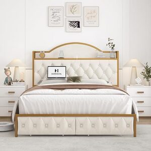 HITHOS Queen Size Bed Frame with 2 Drawers and Storage Headboard, Button Tufted Modern Upholstered Platform Bed with Charging Station, No Box Spring Needed, 51.6" Tall Headboard, Off White