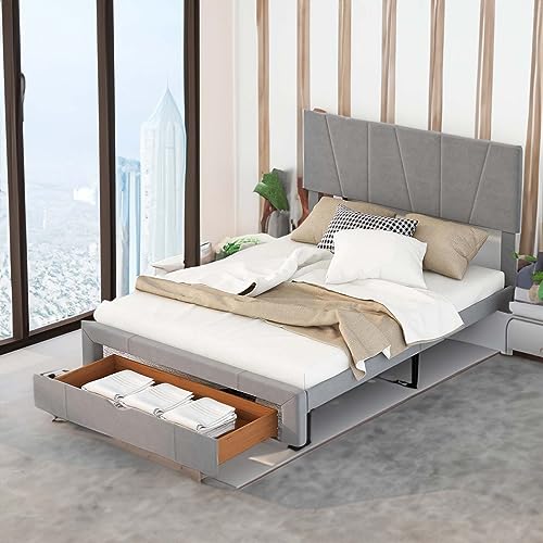 Queen Size Platform Bed Frame with Drawer & Adjustable Headboard, Platform Bed with Sturdy Wooden Slats Support, No Box Spring Needed, for Family Bedroom Small Living Space Boys Girls(Queen, Gray)