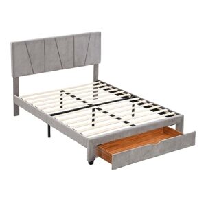 Queen Size Platform Bed Frame with Drawer & Adjustable Headboard, Platform Bed with Sturdy Wooden Slats Support, No Box Spring Needed, for Family Bedroom Small Living Space Boys Girls(Queen, Gray)