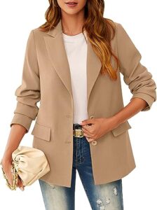 bzb women's casual blazers long sleeve lapel button open front work office blazer jackets suit light khaki