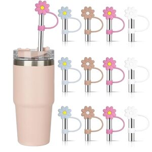 [12 Pack] Straw Cover Cap 10MM for Stanley Cup Adventure Quencher 40oz, Reusable Silicone Stopper tips for Stanley Tumbler 30oz, 20oz,12oz Accessories, Fits 10mm/0.4 inch Drinking Straws (Flowers)