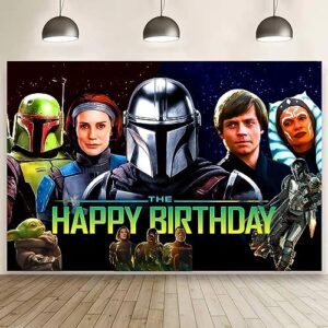 mandalorian background birthday decorations, mandalorian happy birthday banner backdrop for mandalorian birthday party supplies (5x3ft)