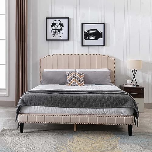 Queen Size Linen Upholstered Platform Bed Frame with Soft Curved Headboard and Wooden Slats Support, No Box Spring Needed for Boys Girls Teens Adults, Noise-Free, Under Bed Storage (Beige)