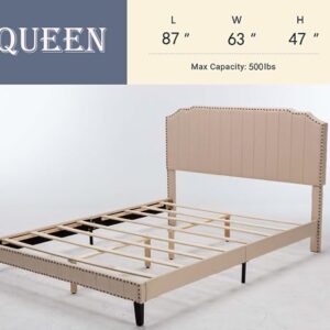 Queen Size Linen Upholstered Platform Bed Frame with Soft Curved Headboard and Wooden Slats Support, No Box Spring Needed for Boys Girls Teens Adults, Noise-Free, Under Bed Storage (Beige)