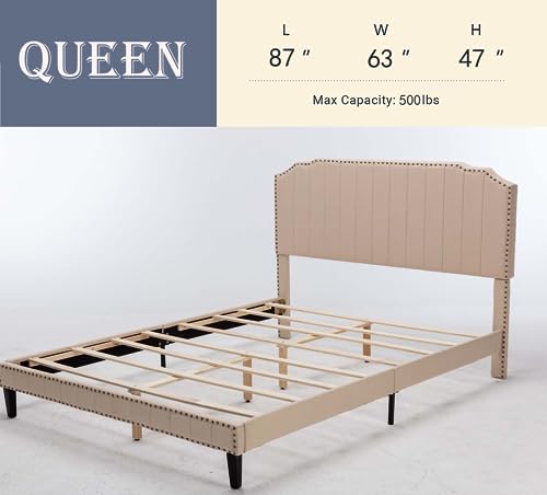 Queen Size Linen Upholstered Platform Bed Frame with Soft Curved Headboard and Wooden Slats Support, No Box Spring Needed for Boys Girls Teens Adults, Noise-Free, Under Bed Storage (Beige)