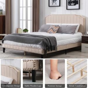 Queen Size Linen Upholstered Platform Bed Frame with Soft Curved Headboard and Wooden Slats Support, No Box Spring Needed for Boys Girls Teens Adults, Noise-Free, Under Bed Storage (Beige)