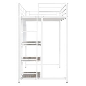 Tensun Metal Twin Size Loft Bed Frame with Desk and Whiteboard,3 Shelves and Ladder for Bedroom for Boys Girls Adult,Space-Saving/Noise Free/No Box Spring Needed - White