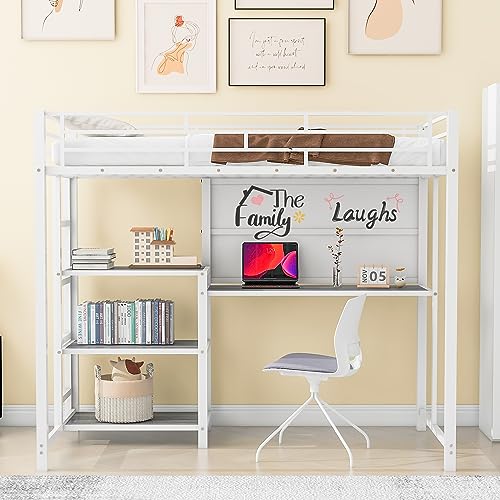 Tensun Metal Twin Size Loft Bed Frame with Desk and Whiteboard,3 Shelves and Ladder for Bedroom for Boys Girls Adult,Space-Saving/Noise Free/No Box Spring Needed - White