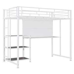 Tensun Metal Twin Size Loft Bed Frame with Desk and Whiteboard,3 Shelves and Ladder for Bedroom for Boys Girls Adult,Space-Saving/Noise Free/No Box Spring Needed - White