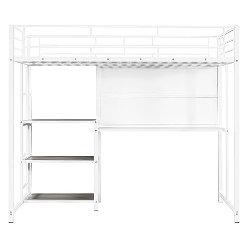 Tensun Metal Twin Size Loft Bed Frame with Desk and Whiteboard,3 Shelves and Ladder for Bedroom for Boys Girls Adult,Space-Saving/Noise Free/No Box Spring Needed - White