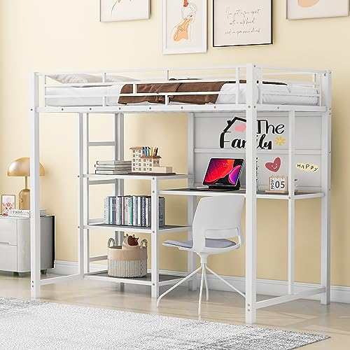 Tensun Metal Twin Size Loft Bed Frame with Desk and Whiteboard,3 Shelves and Ladder for Bedroom for Boys Girls Adult,Space-Saving/Noise Free/No Box Spring Needed - White