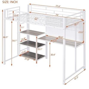 Tensun Metal Twin Size Loft Bed Frame with Desk and Whiteboard,3 Shelves and Ladder for Bedroom for Boys Girls Adult,Space-Saving/Noise Free/No Box Spring Needed - White