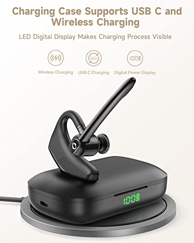 Bluetooth Headset Wireless Earpiece Noise Cancelling Microphone 180H Playback 1000mAh Wireless Charging Case Handsfree Earphones LED Display for iPhone iOS Android Cell Phones PC Computer Trucker Work