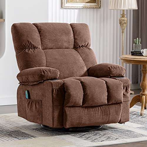 VON RACER Bosmiller Recliner Chair Soft Fabric with Heat and Massage Oversized Chairs for Adults Manual Rocking Big Tall 2 Cup Holders Living Room Classic Brown