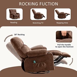 VON RACER Bosmiller Recliner Chair Soft Fabric with Heat and Massage Oversized Chairs for Adults Manual Rocking Big Tall 2 Cup Holders Living Room Classic Brown