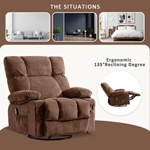 VON RACER Bosmiller Recliner Chair Soft Fabric with Heat and Massage Oversized Chairs for Adults Manual Rocking Big Tall 2 Cup Holders Living Room Classic Brown