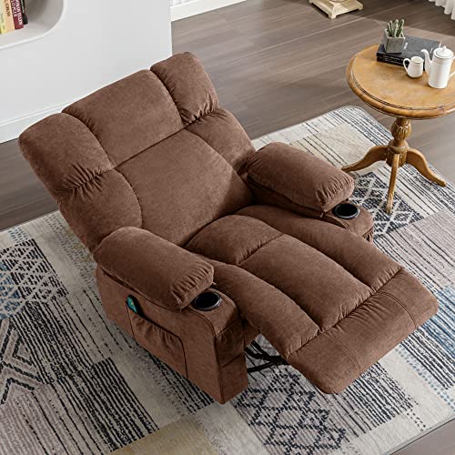 VON RACER Bosmiller Recliner Chair Soft Fabric with Heat and Massage Oversized Chairs for Adults Manual Rocking Big Tall 2 Cup Holders Living Room Classic Brown