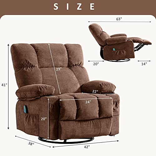 VON RACER Bosmiller Recliner Chair Soft Fabric with Heat and Massage Oversized Chairs for Adults Manual Rocking Big Tall 2 Cup Holders Living Room Classic Brown