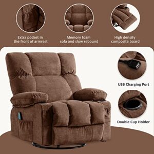 VON RACER Bosmiller Recliner Chair Soft Fabric with Heat and Massage Oversized Chairs for Adults Manual Rocking Big Tall 2 Cup Holders Living Room Classic Brown