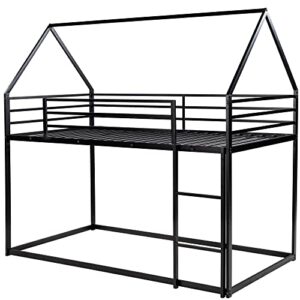 TARTOP Twin Over Twin House Bunk Bed with Built-in Ladder, Metal Low Bunk Bed for Kids Girls Boys,No Spring Box Needed,Black