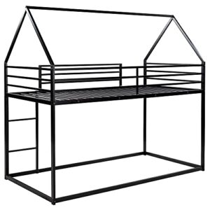 TARTOP Twin Over Twin House Bunk Bed with Built-in Ladder, Metal Low Bunk Bed for Kids Girls Boys,No Spring Box Needed,Black