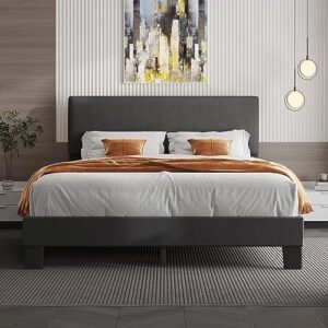 lifezone queen bed frame with headboard,linen upholstered bed frame with wood slats support,no box spring needed,heavy duty feet,easy assembly,dark grey