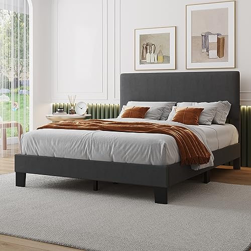 Lifezone Queen Bed Frame with Headboard,Linen Upholstered Bed Frame with Wood Slats Support,No Box Spring Needed,Heavy Duty Feet,Easy Assembly,Dark Grey