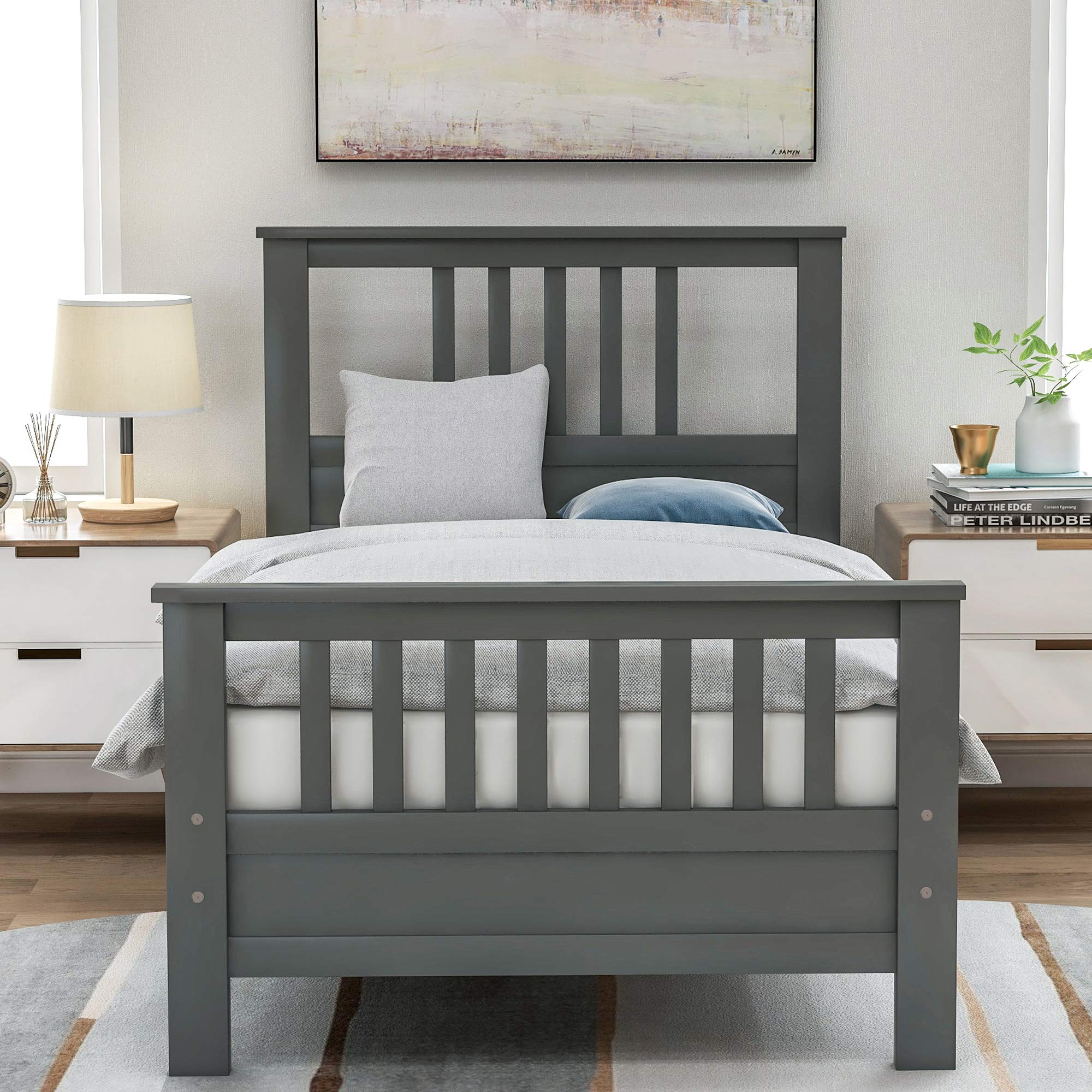 KoiHome Twin Wood Platform Bed with Headboard and Footboard, Modern Bed Frame with Solid Wood Slat and Support Legs for Bedroom, Simple and Classic Design,No Box Spring Need, Gray (Twin)