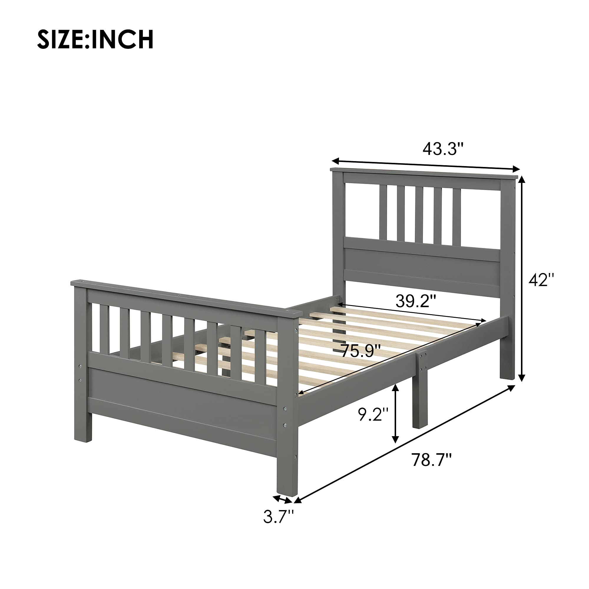 KoiHome Twin Wood Platform Bed with Headboard and Footboard, Modern Bed Frame with Solid Wood Slat and Support Legs for Bedroom, Simple and Classic Design,No Box Spring Need, Gray (Twin)