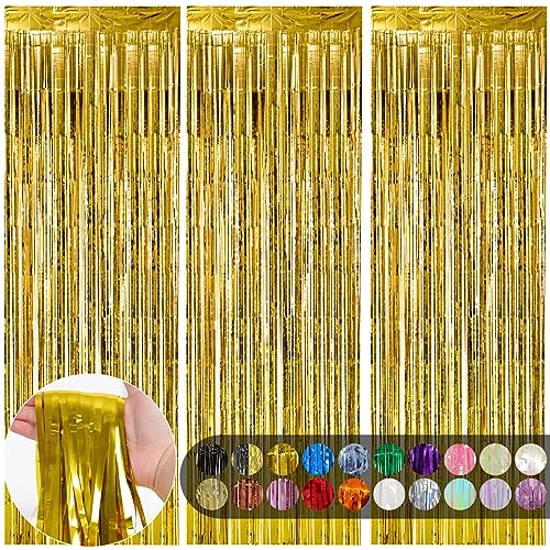 RUBFAC 3pcs 3.3x8.2 Feet Gold Fringe Backdrop Curtains,Tinsel Streamers Birthday Party Decorations,Fringe Backdrop for Birthday Women Bachelorette Wedding Party Decor