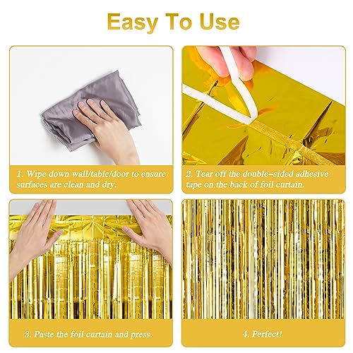 RUBFAC 3pcs 3.3x8.2 Feet Gold Fringe Backdrop Curtains,Tinsel Streamers Birthday Party Decorations,Fringe Backdrop for Birthday Women Bachelorette Wedding Party Decor