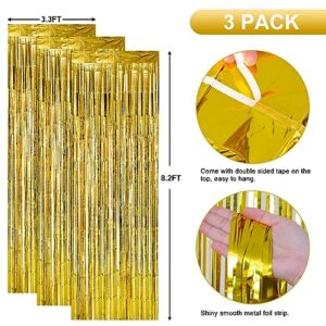 RUBFAC 3pcs 3.3x8.2 Feet Gold Fringe Backdrop Curtains,Tinsel Streamers Birthday Party Decorations,Fringe Backdrop for Birthday Women Bachelorette Wedding Party Decor