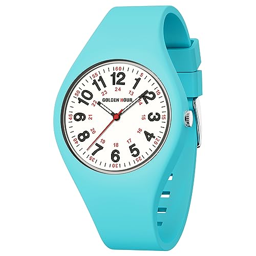 GOLDEN HOUR Waterproof Sports Analog Unisex Watches for Nurse Medical Professionals, Students - Military Time Glowing Easy to Read Dial, Jelly Silicone Strap in Light Blue