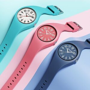 GOLDEN HOUR Waterproof Sports Analog Unisex Watches for Nurse Medical Professionals, Students - Military Time Glowing Easy to Read Dial, Jelly Silicone Strap in Light Blue