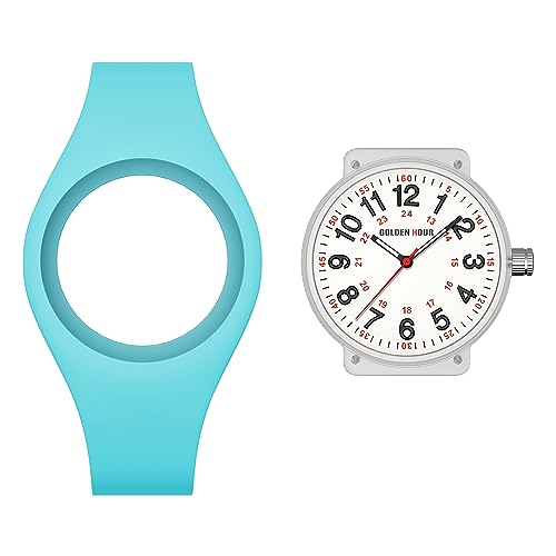 GOLDEN HOUR Waterproof Sports Analog Unisex Watches for Nurse Medical Professionals, Students - Military Time Glowing Easy to Read Dial, Jelly Silicone Strap in Light Blue