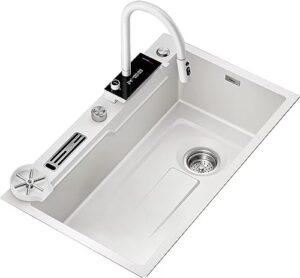 kitchen sink, 304nm stainless steel household sink under the counter, white digital display flying rain waterfall large single sink, pull out hot and cold water faucet ( color :white2, size : 68*45*22