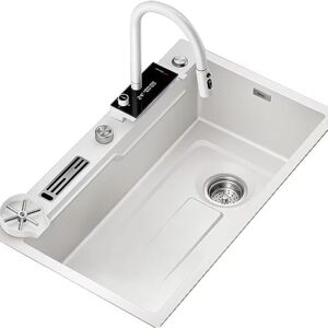 Kitchen sink, 304nm stainless steel household sink under the counter, white digital display flying rain waterfall large single sink, pull out hot and cold water faucet ( Color :White2, Size : 68*45*22