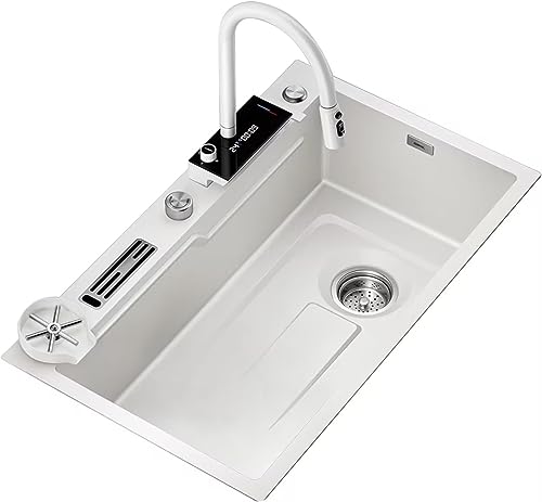 Kitchen sink, 304nm stainless steel household sink under the counter, white digital display flying rain waterfall large single sink, pull out hot and cold water faucet ( Color :White2, Size : 68*45*22