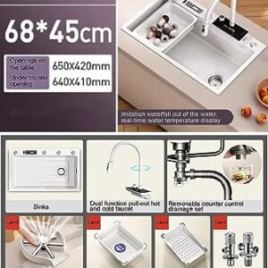 Kitchen sink, 304nm stainless steel household sink under the counter, white digital display flying rain waterfall large single sink, pull out hot and cold water faucet ( Color :White2, Size : 68*45*22