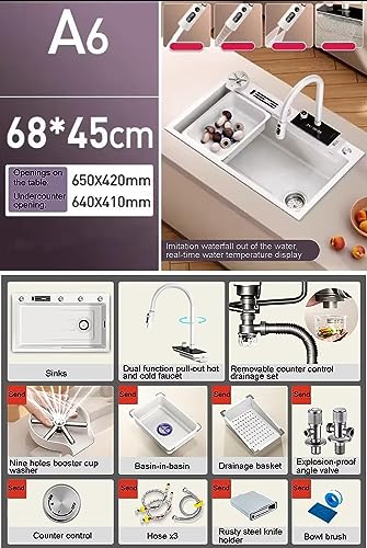 Kitchen sink, 304nm stainless steel household sink under the counter, white digital display flying rain waterfall large single sink, pull out hot and cold water faucet ( Color :White2, Size : 68*45*22