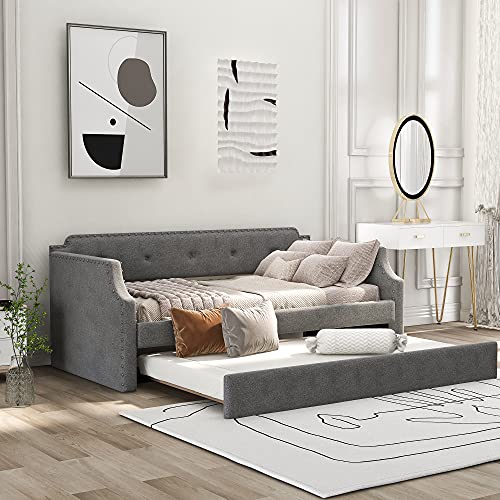 KoiHome Upholstered Daybed with Trundle & Solid Slat Support, Upholstered Frame Sofa Bed with Padded Back, Linen Finish, Suitable for Bedroom,Living Room and Office, No Box Spring Needed, Grey