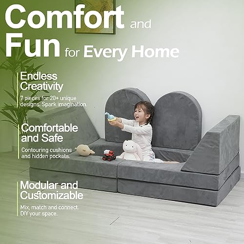 Buytime Kids Couch, Modular Floor Couch with Ottomans, Cozy Toddler Play Sofa Bed with Soft Foam, Playroom and Bedroom Furniture for All Ages, Large