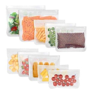 10 pack silicone ziplock bags , reusable food storage bags,bpa-free freezer bags (2 reusable gallon bags + 6 reusable sandwich bags + 2 food grade snack bags) leakproof reusable lunch bag for salad fruit