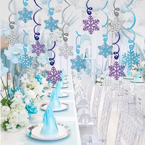 30CT Christmas Snowflake Hanging Swirl Decorations, Winter Snowflakes Frozen Birthday Party Ceiling Streamer Purple Blue Silver Snowflake Garland for Winter Party Wonderland Xmas New Year Party Decor