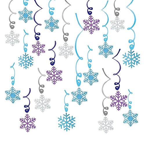 30CT Christmas Snowflake Hanging Swirl Decorations, Winter Snowflakes Frozen Birthday Party Ceiling Streamer Purple Blue Silver Snowflake Garland for Winter Party Wonderland Xmas New Year Party Decor