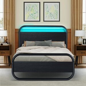 twin bed frame with headboard led bed frame twin size platform bed frame heavy duty metal rustic bed frame twin wood platform bed frame under bed storage noise free no box spring needed (twin, black)