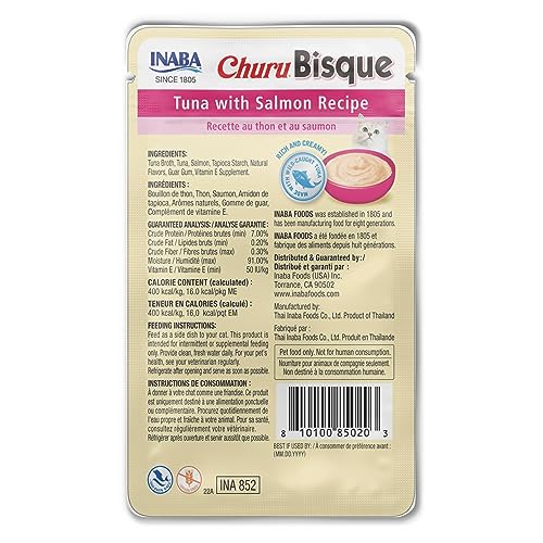 INABA Churu Bisque Lickable Treats for Cats, Creamy Purée Bisque with Vitamin E, 1.4 Ounces per Pouch, 16.8 Ounces Total (12 Servings), Tuna with Salmon Recipe