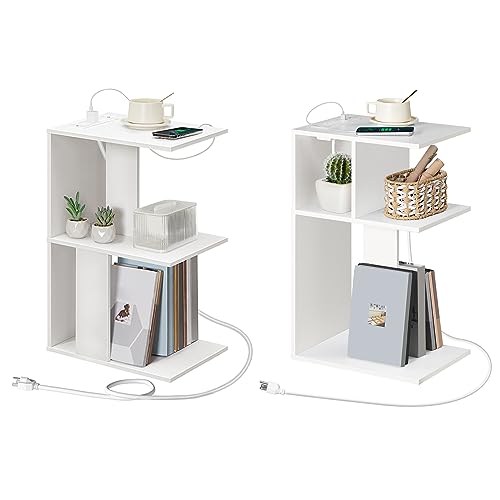 MAHANCRIS End Table with Charging Station and White Beside Table, Narrow Side Table for Small Spaces, Slim Nightstand with Light, Beside Table,for Bedroom, Living Room ETWT18E01Z-ETWT78E01