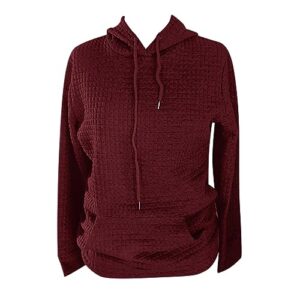 CLARIDGE Women Waffle Hoodie 2023 Fashion Fall Clothes Solid Color Casual Drawstring Pullover Hooded Sweatshirts with Pockets Red