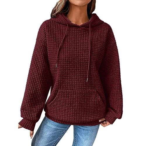 CLARIDGE Women Waffle Hoodie 2023 Fashion Fall Clothes Solid Color Casual Drawstring Pullover Hooded Sweatshirts with Pockets Red